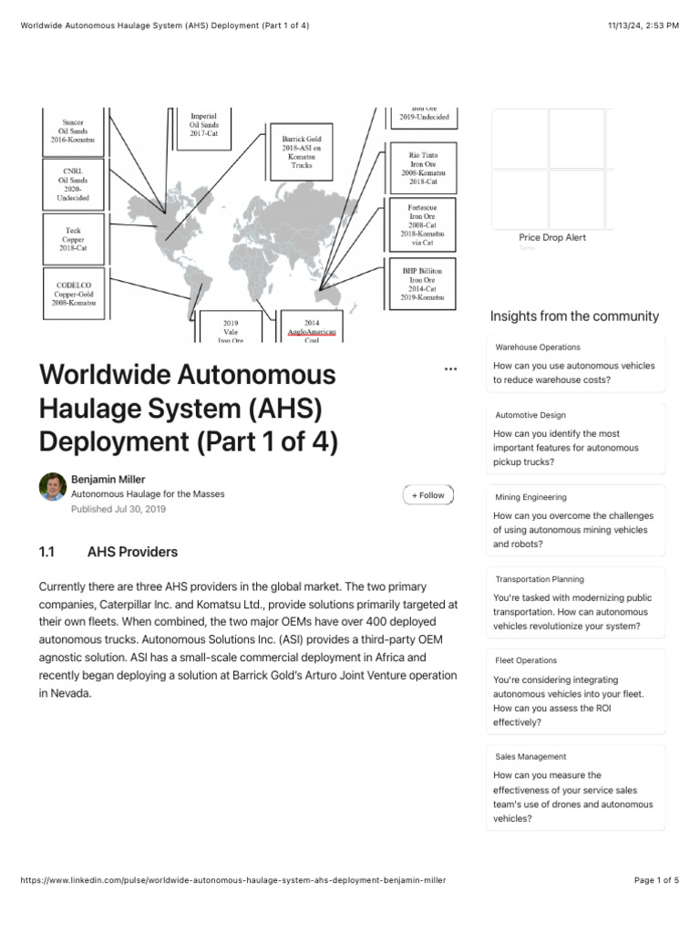 Worldwide Autonomous Haulage System (AHS) Deployment (Part 1 of 4 ...