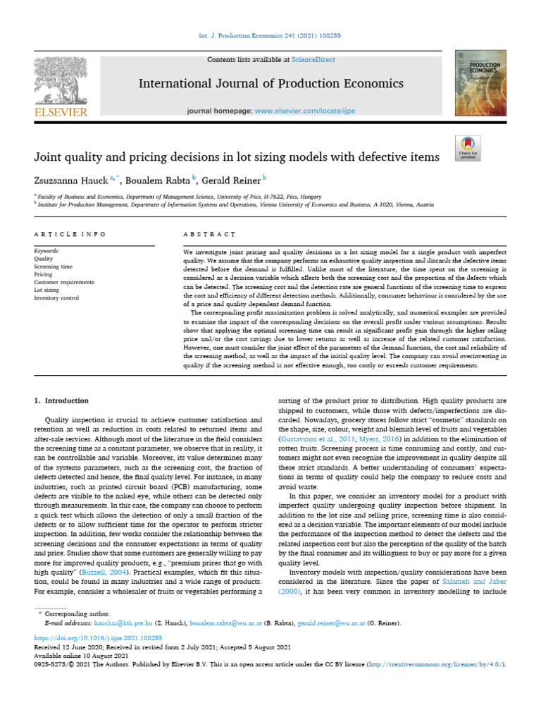 Joint Quality and Pricing Decisions in Lot Sizing Models With Defective ...