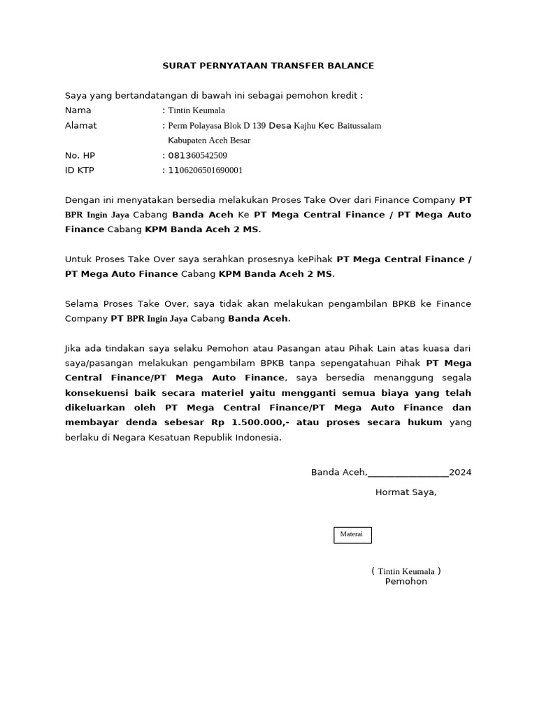 SURAT PERNYATAAN TRANSFER BALANCE | PDF