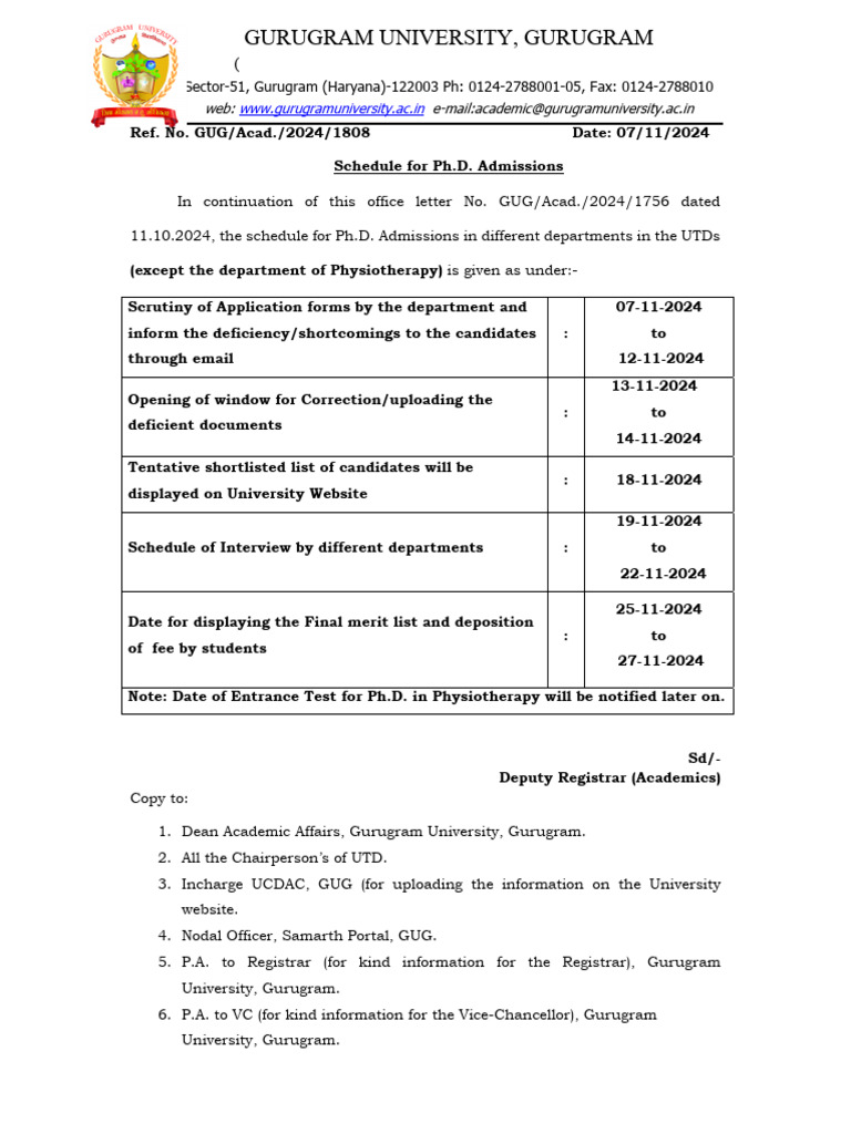 Gurugram University Ph.D. Admission Schedule | PDF | Honorifics | Academic Administration
