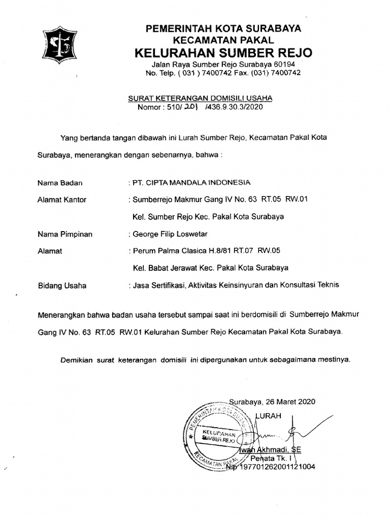 Surat Ket Domisili Pt. Cmi Yang Baru | PDF