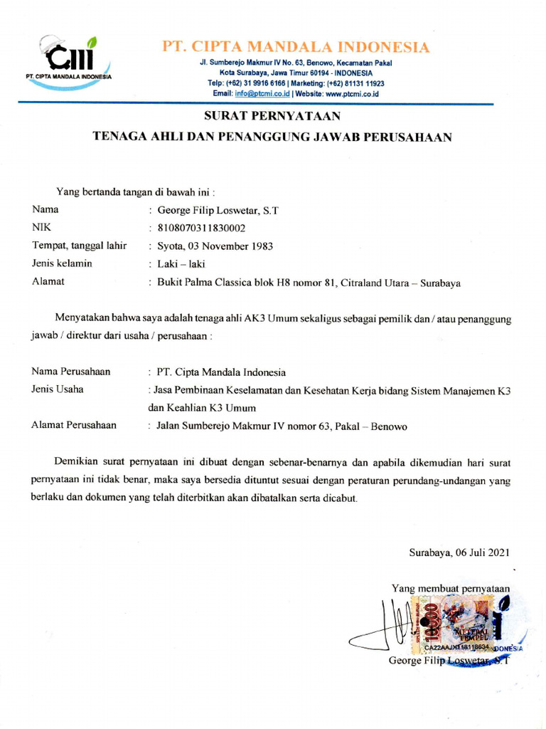 Surat Pernyataan Tenaga Ahli & Penangung Jawab Perusahaan PT Cmi | PDF