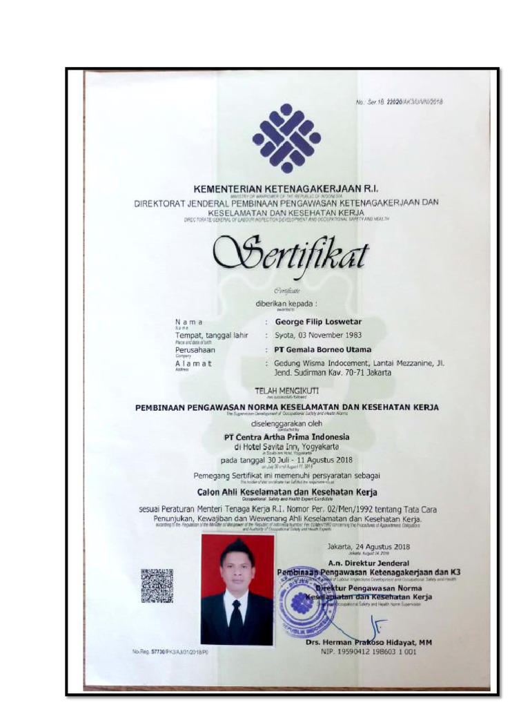 Sertifikat Ahli K3 Umum, Kartu Kewenagan, SKP PJK3, KTP | PDF