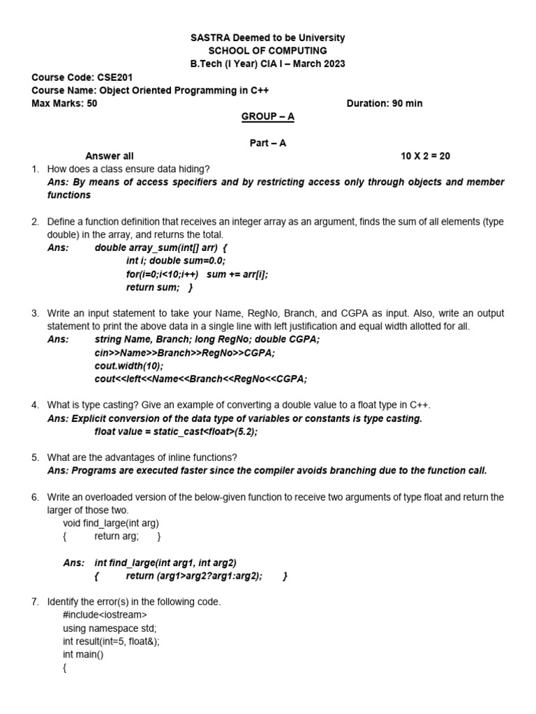 CSE201 - CIA 1 - GRP A - Key | PDF | Integer (Computer Science) | Parameter (Computer Programming)