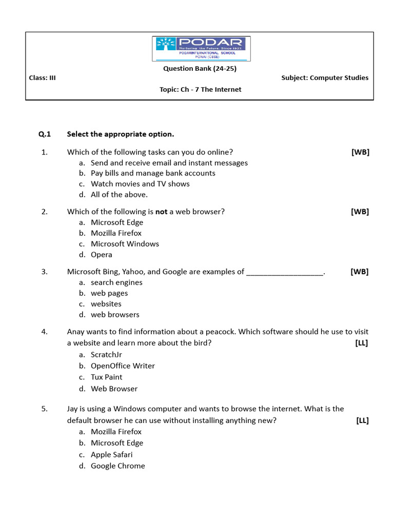 Computer Studies Internet Quiz for Class III | PDF | World Wide Web ...