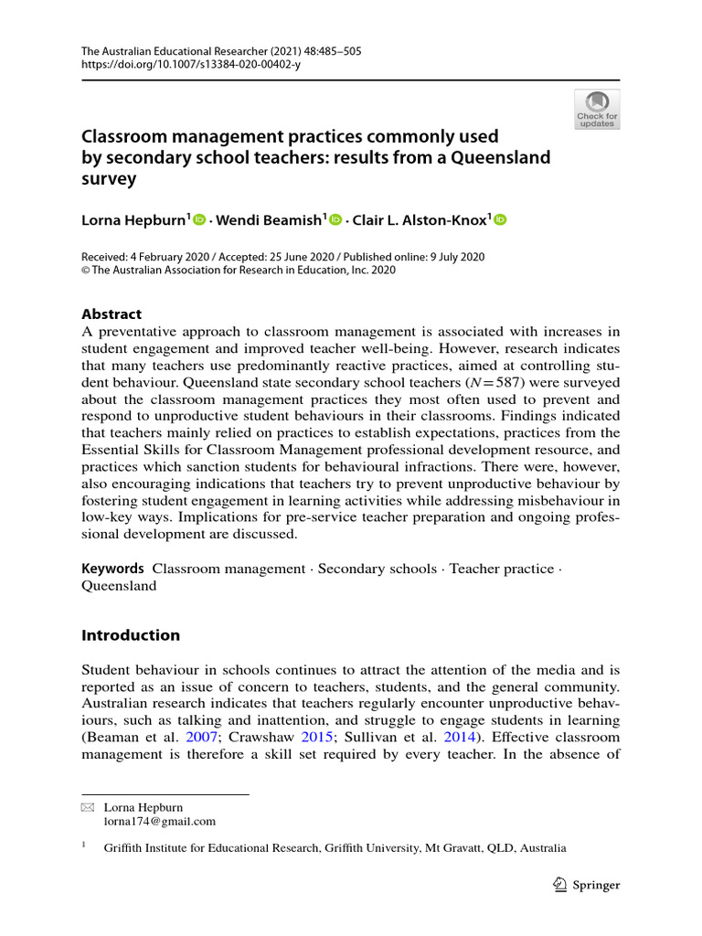 Classroom Management Practices Commonly Used by Secondary School ...