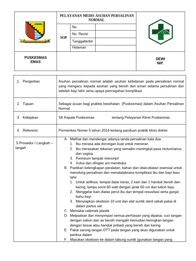 SOP Asuhan Persalinan Normal | PDF | Pengembangan Diri | Sains & Matematika