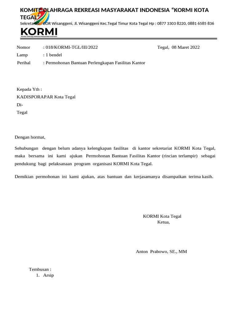 Proposal Bantuan Fasilitas KORMI Tegal | PDF