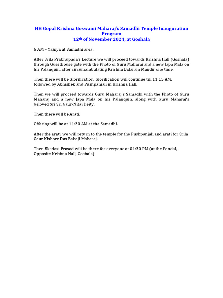 HH Gopal Krishna Goswami Maharaj's Samadhi Temple Inauguration Program | PDF