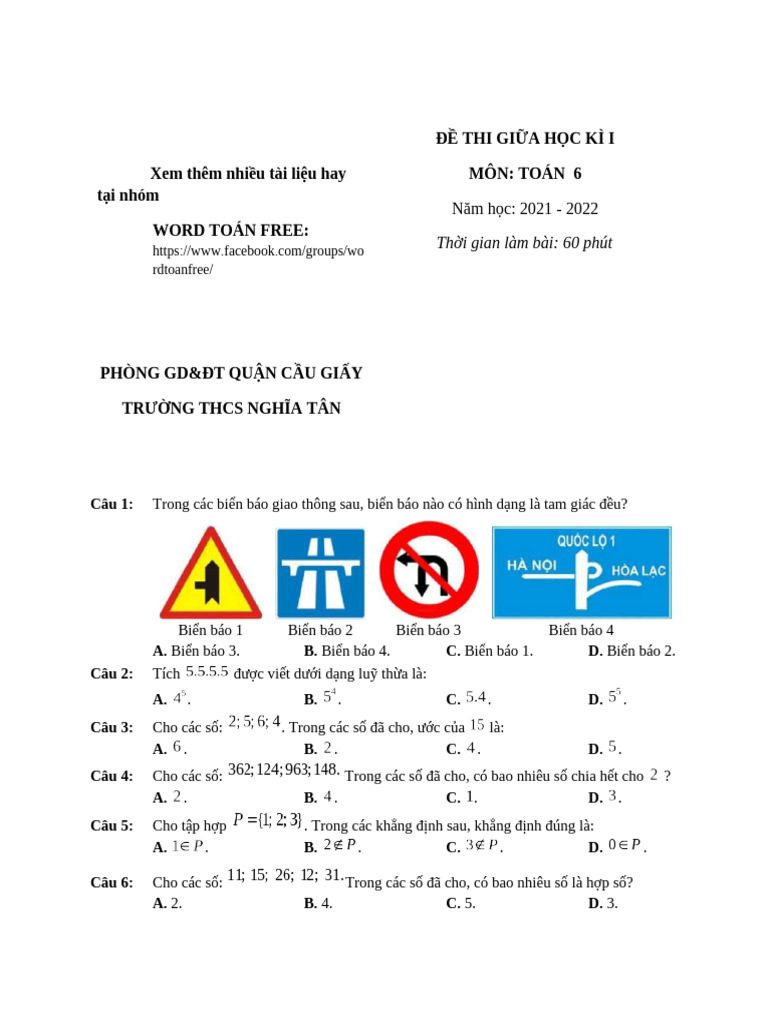 TOÁN 6 ĐỀ GK1 THCS NGHĨA TÂN | PDF