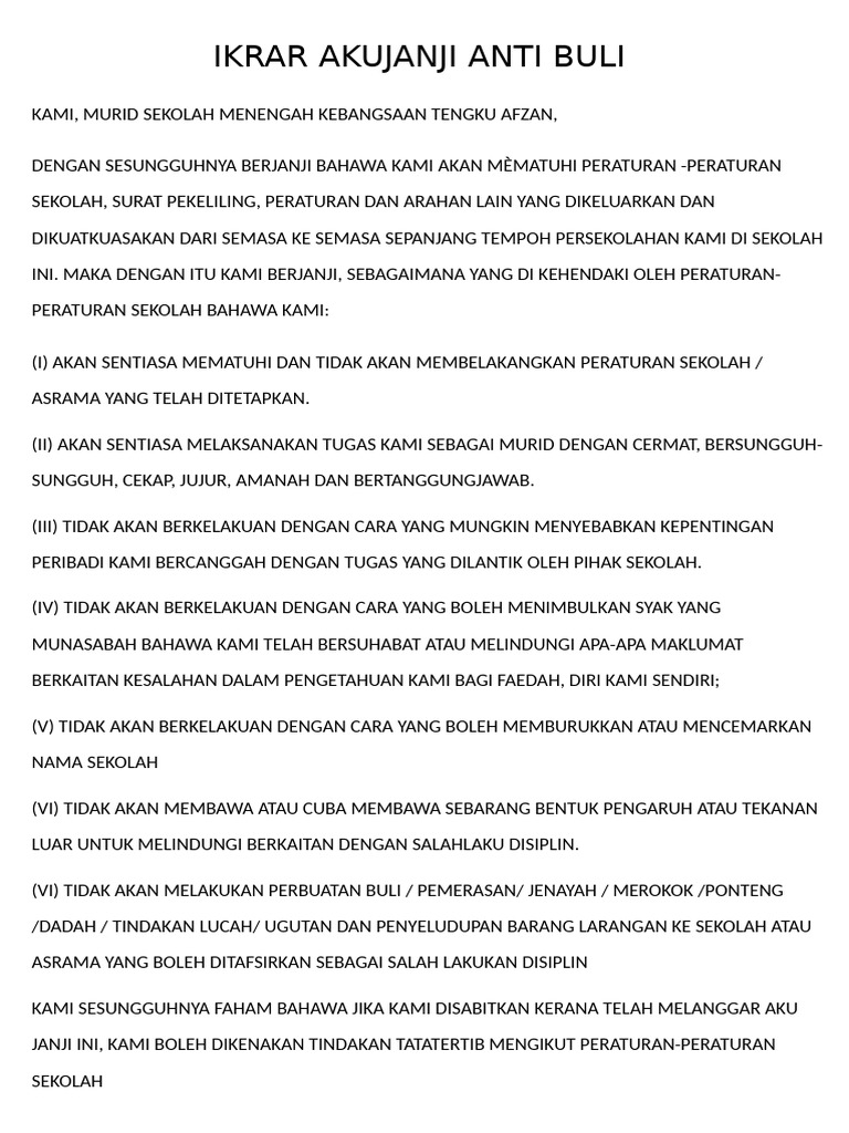 Ikrar Akujanji Anti Buli | PDF