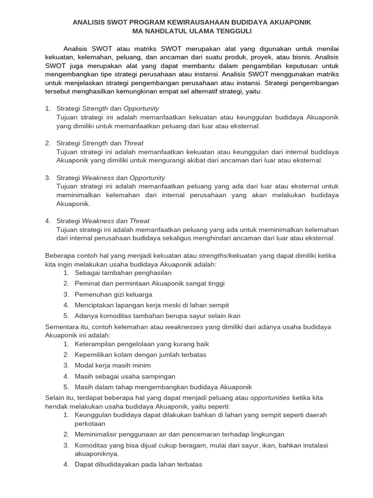 Analisis Swot Program Kewirausahaan Budidaya Akuaponik | PDF | Bisnis