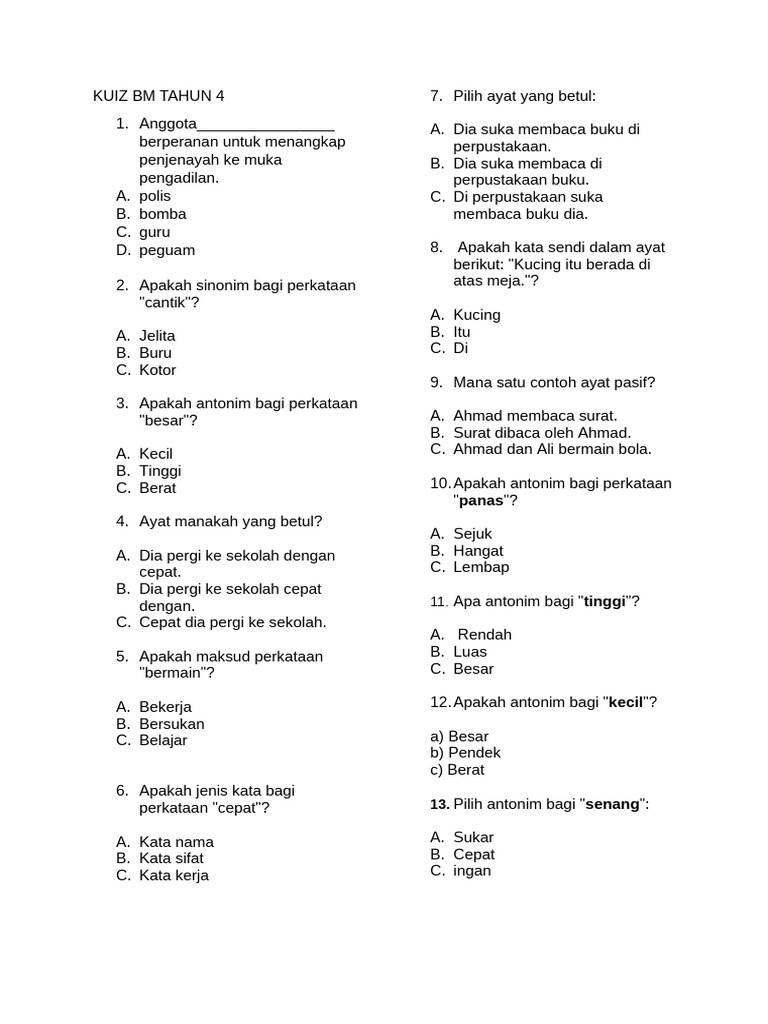 Kuiz BM Tahun 4 | PDF