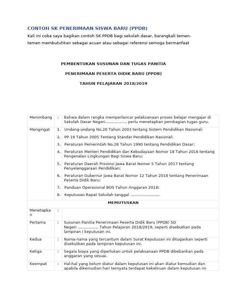 Contoh SK Penerimaan Siswa Baru (PPDB) | PDF | Pengelolaan Keuangan & Uang