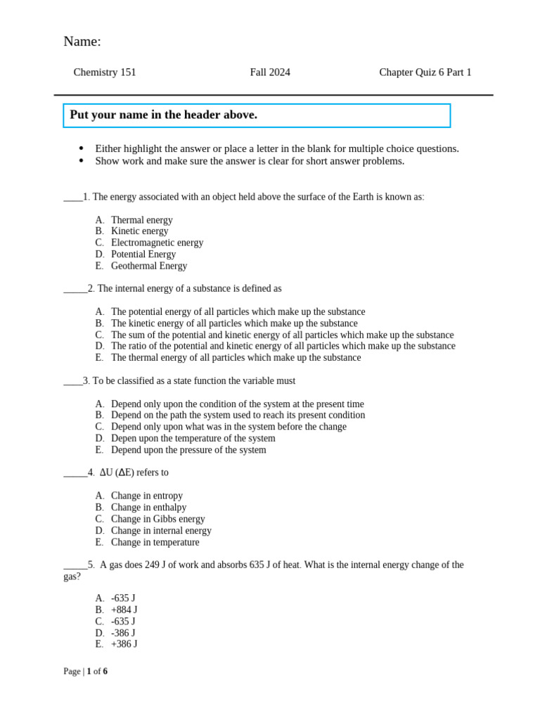 CHM 151 Chapter 6 Quiz Part 1 Fall 2024 | PDF | Gases | Enthalpy