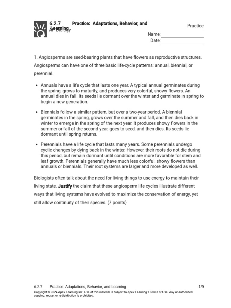 6.2.7 Practice - Adaptations, Behavior, and Learning (Practice) | PDF ...
