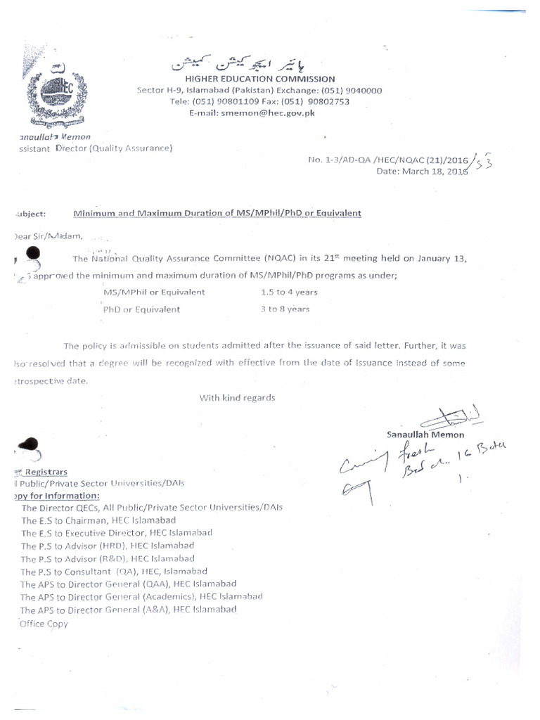 Hec Minimum and Mazimum Duration of Ms Mphil PHD or Equivalent - 0 | PDF