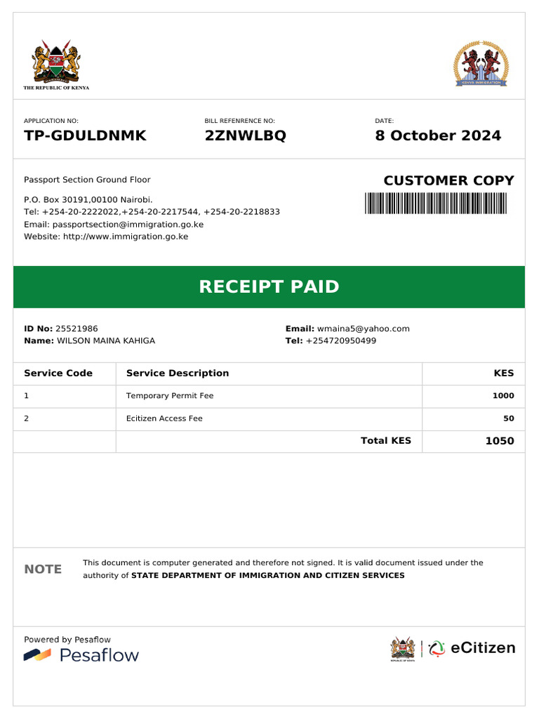 Temporary Permit Payment Receipt | PDF | International Law | Government ...