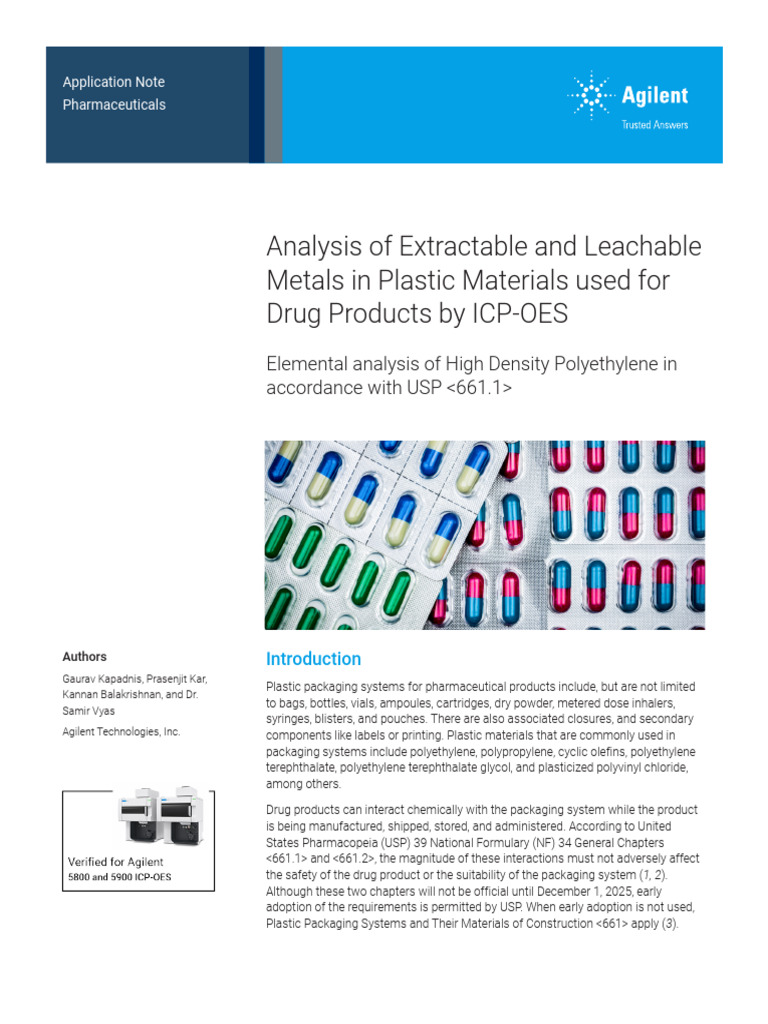 Analysis of Extractable and Leachable Metals in Plastic Materials Used ...