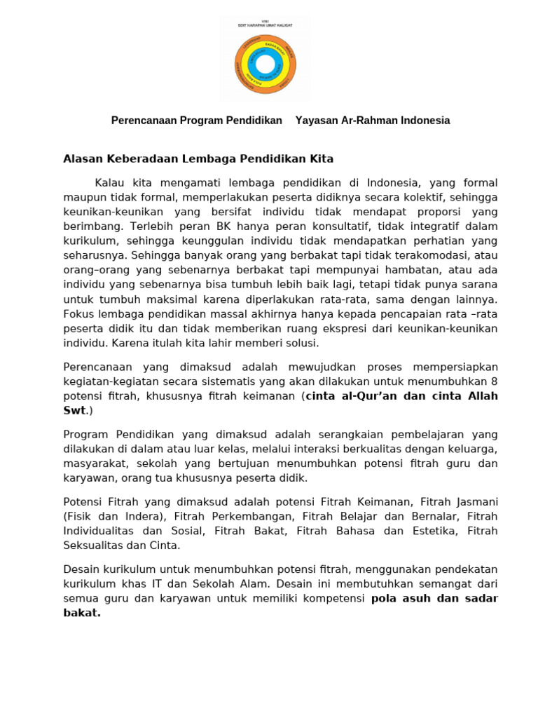 Alasan Keberadaan Dan Perencanaan Program Pendidikan YARI | PDF | Pengembangan Diri