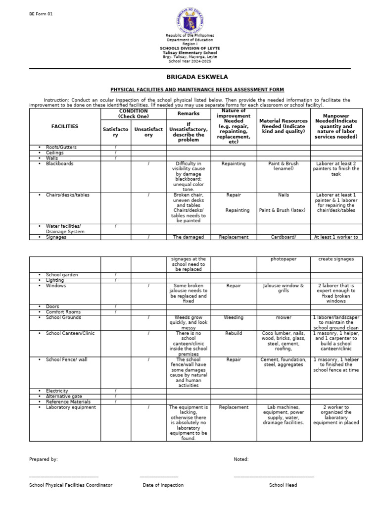 BE Form 1 PHYSICAL FACILITIES AND MAINTENANCE NEEDS ASSESSMENT FORM ...