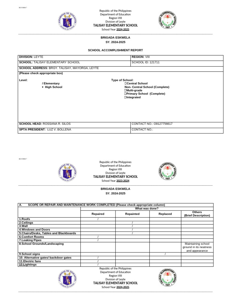 Brigada Eskwela Form 7 School Accomplishment Report | PDF | Non ...