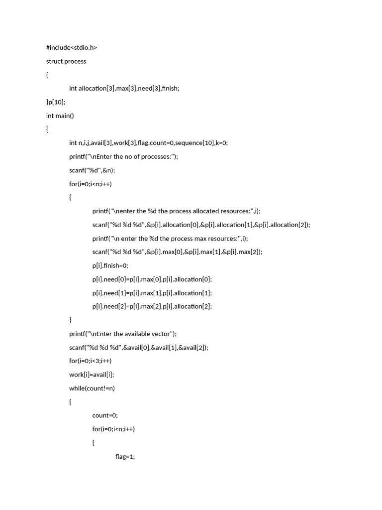 Banker's Algorithm in C Code | PDF