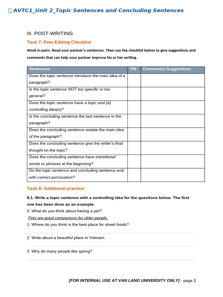After Class - AVTC1 - Unit 2 - Topic Sentences and Concluding Sentences ...