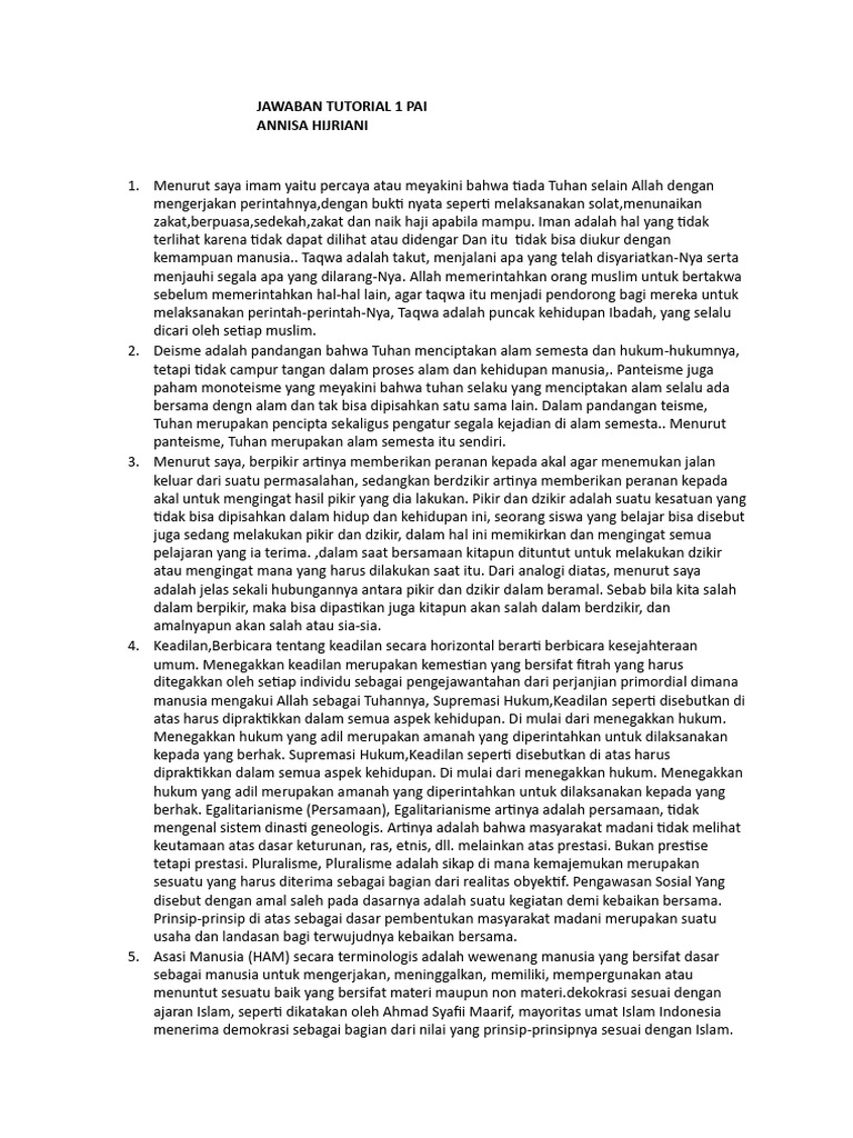 Dokumen Jawaban Tutorial 1 Pendidikan Agama Islam | PDF