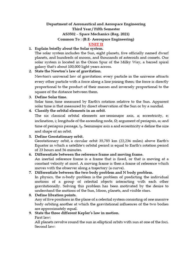 Unit 2 Two Marks Q&A | PDF | Orbit | Solar System