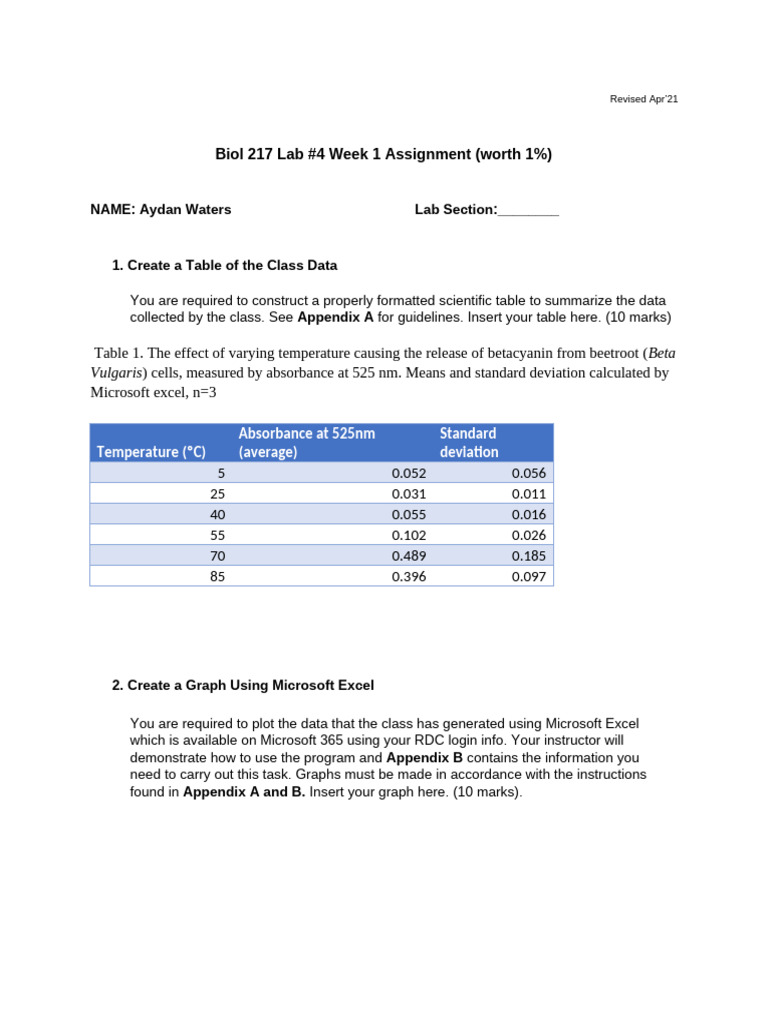 Biol 217 Lab# 4 Week 1 Assignment-2 | PDF | Microsoft Excel