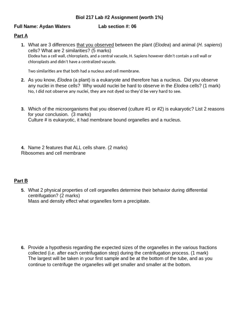 Biol 217 Lab #2 Assignment | PDF | Cell (Biology) | Cell Nucleus Biol 217 Lab #2 Assignment | PDF | Cell (Biology) | Cell Nucleus