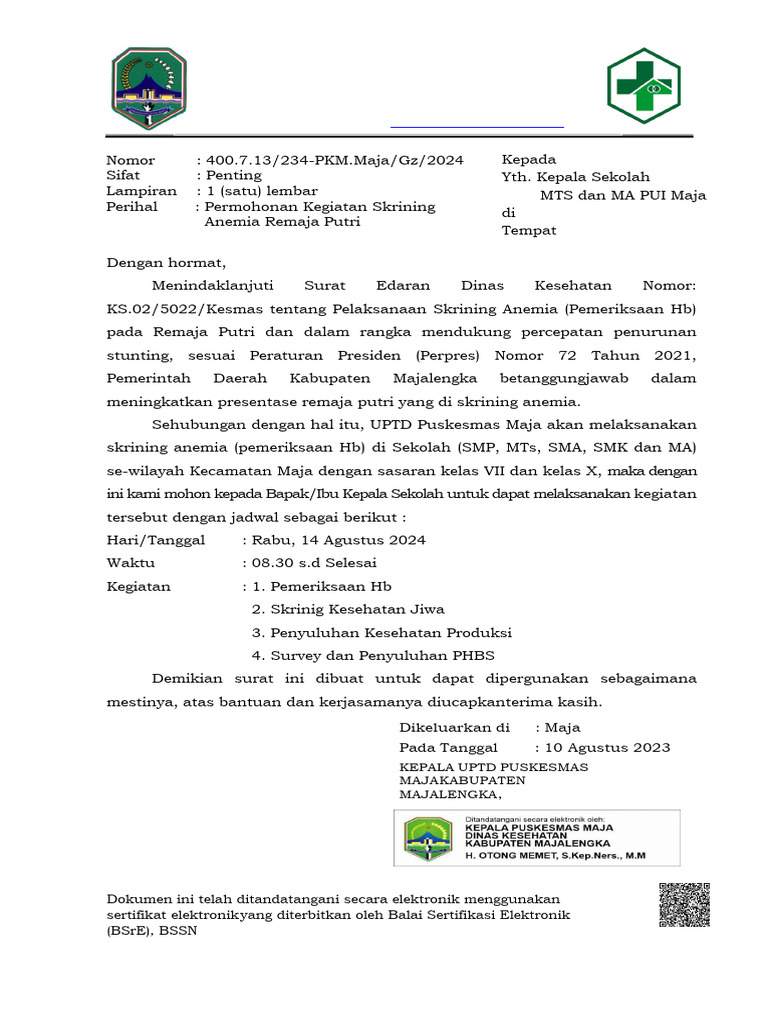 Surat Permohonan Kegiatan MTS MA PUI Maja | PDF