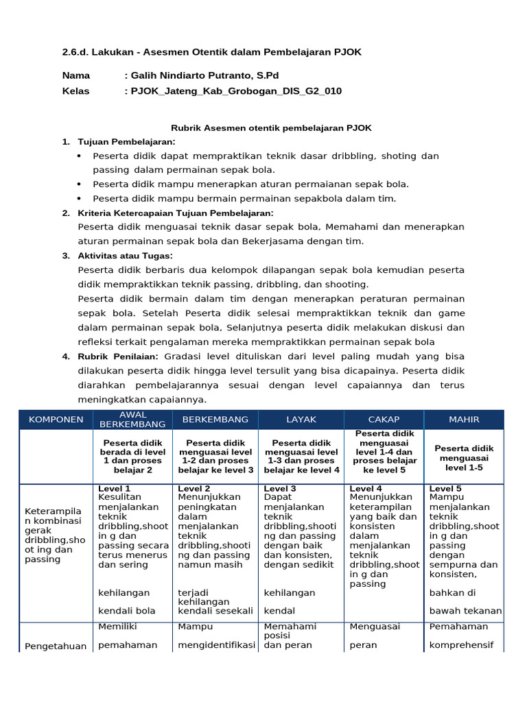 Rubrik Asesmen Otentik Pembelajaran PJOK Galih-1 | PDF