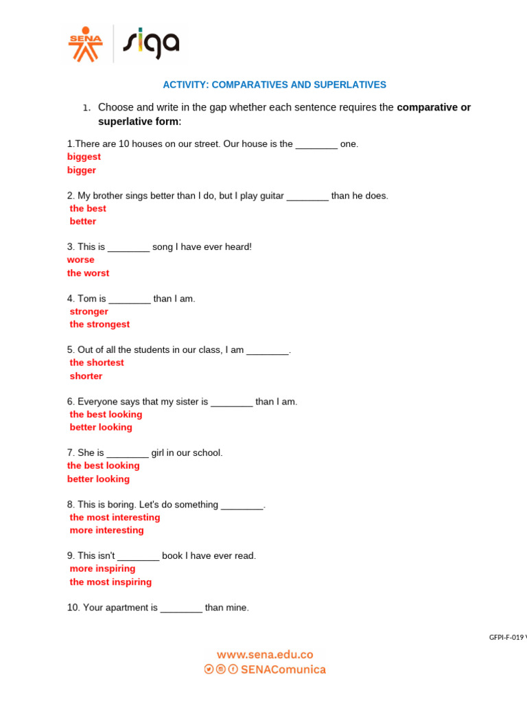 Activity - Comparatives and Supperlatives | PDF | Language Arts & Discipline