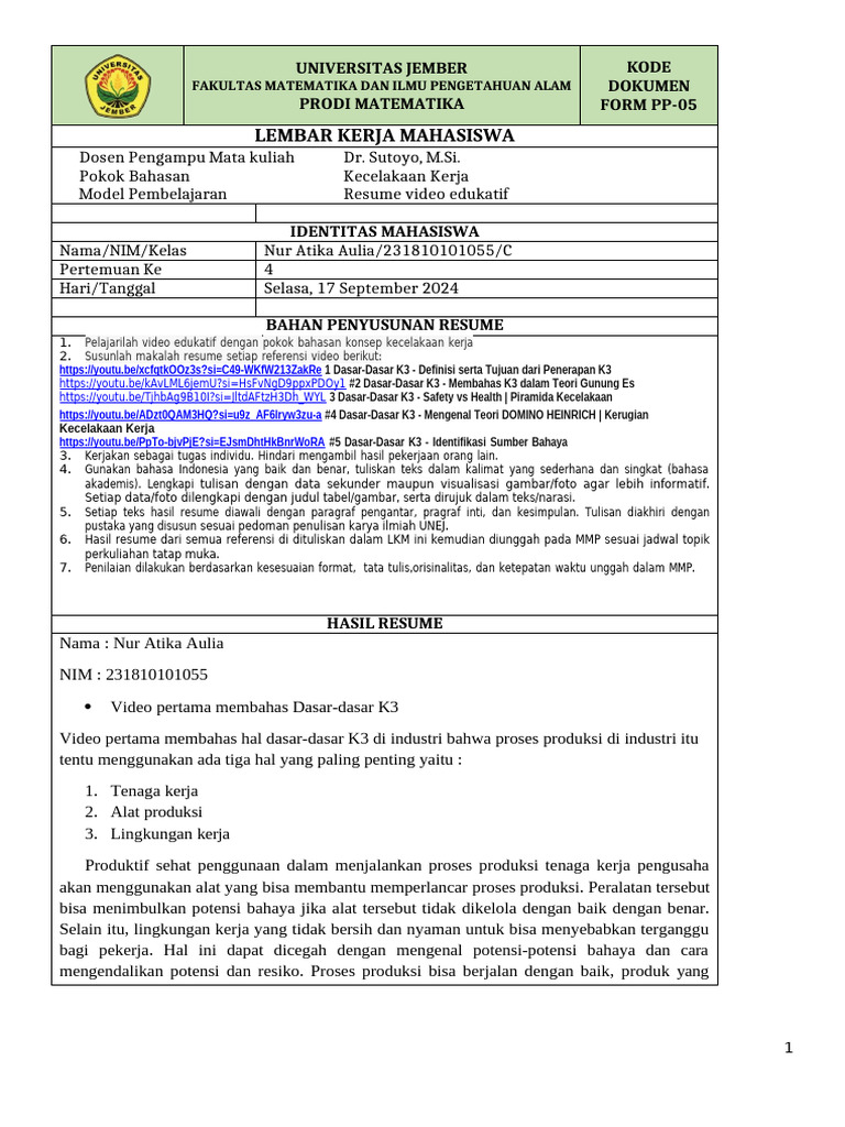 1055 - Nur Atika Aulia - LKM Resume Kecelakaan Kerja - Tugas Individu | PDF