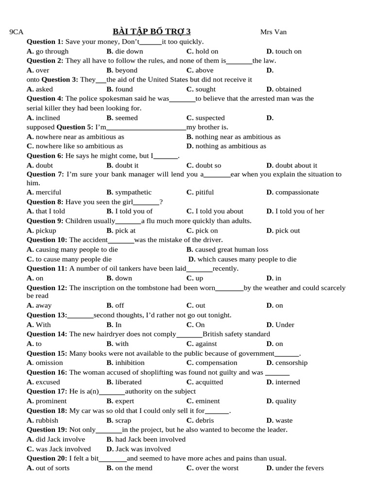 BTBT 3 (BÀI TẬP BỔ TRỢ 4) | PDF