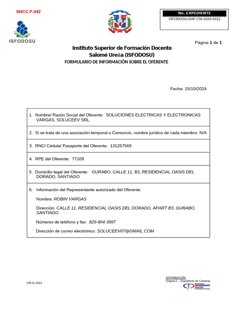 SNCC - F - 042 Formulario de Informacion Sobre El Oferente | PDF