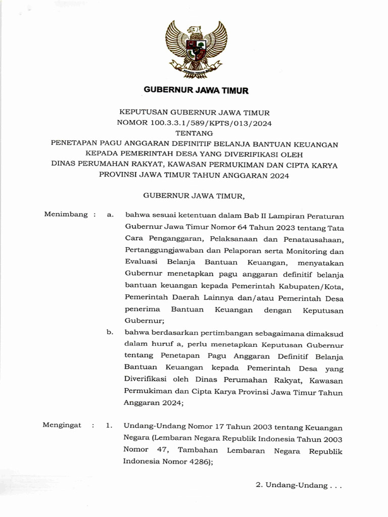 Berkas SK Gubernur Jatim Penetapan Pagu Anggaran Definitif BK Desa Diverifikasi Dinas PRKP Cipta ...