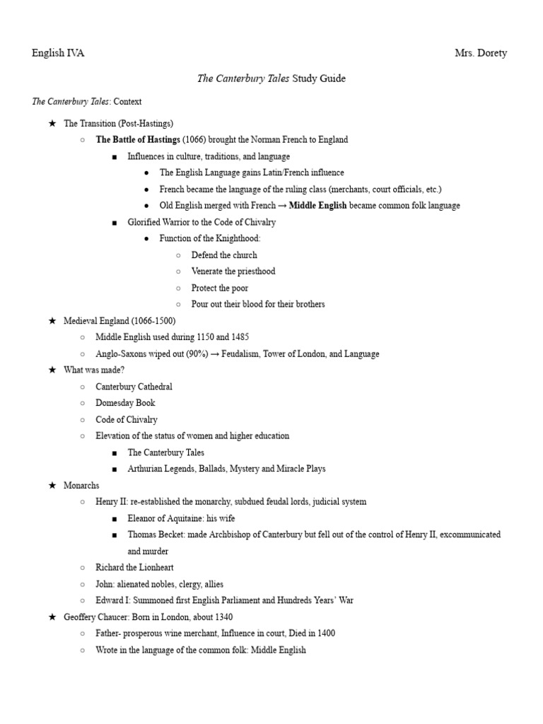 Canterbury Tales Prologue Study Guide | PDF | The Canterbury Tales | Monk