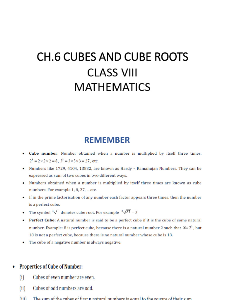 Class Viii - Ch.6 Cubes and Cube Roots - Notes and Solutions | PDF