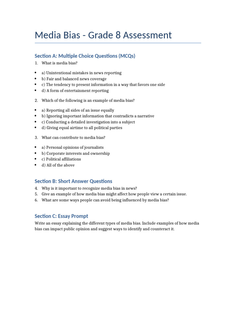 Media Bias Assessment Grade 8 | PDF | Social Science