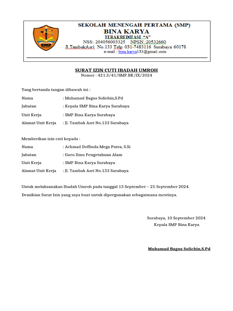 Surat Izin Cuti Umroh Guru | PDF