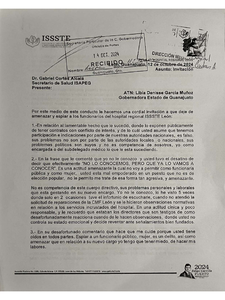 Carta de La Directora Del Hospital Regional Del ISSSTE, Martha Karina Lizola, Con Sello de ...