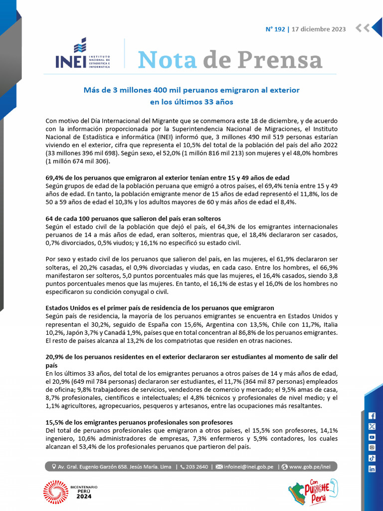 Nota de Prensa N 192 2023 Inei | PDF | América del Sur | Economias