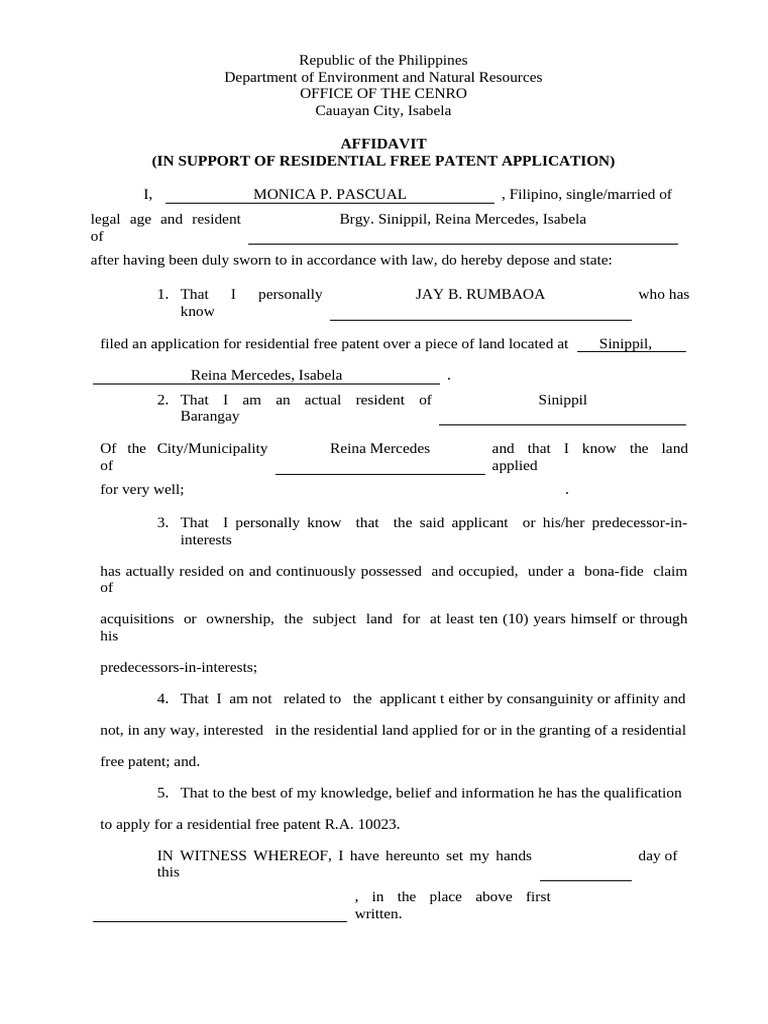 Affidavit for Residential Patent Application | PDF | Affidavit ...