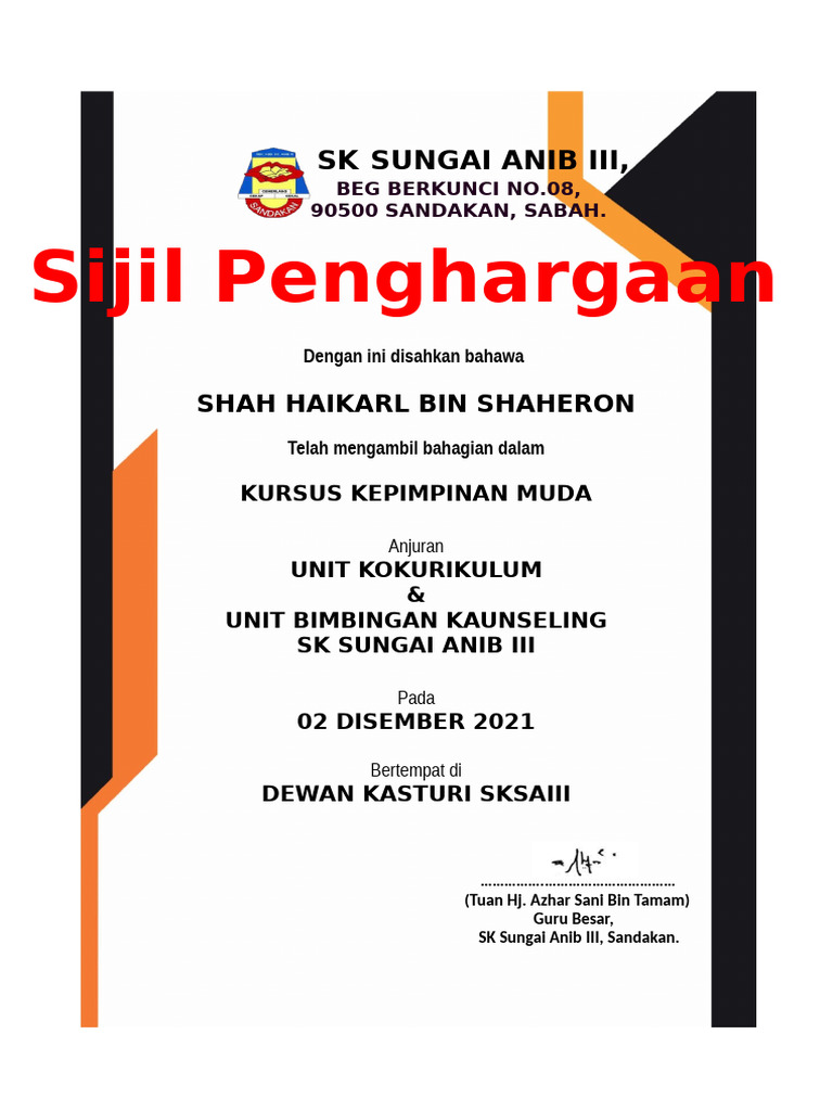 Sijil Penyertaan Kursus Kepimpinan Muda 2021 | PDF