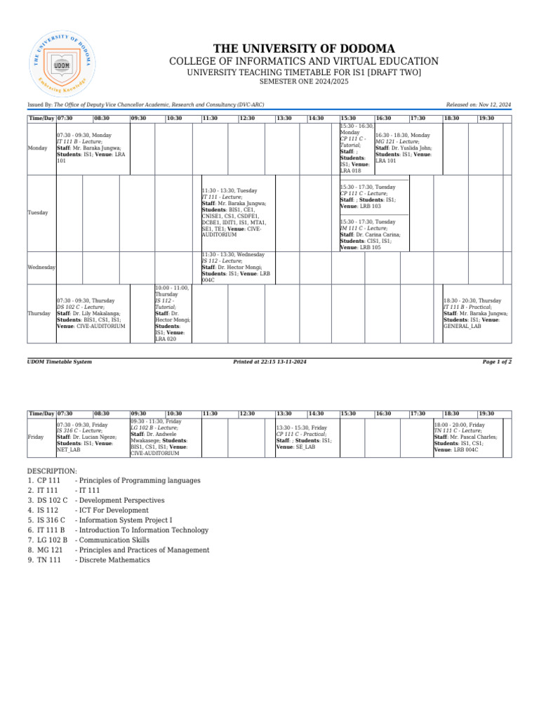 UDOM IS1 Semester Timetable 2024/2025 | PDF