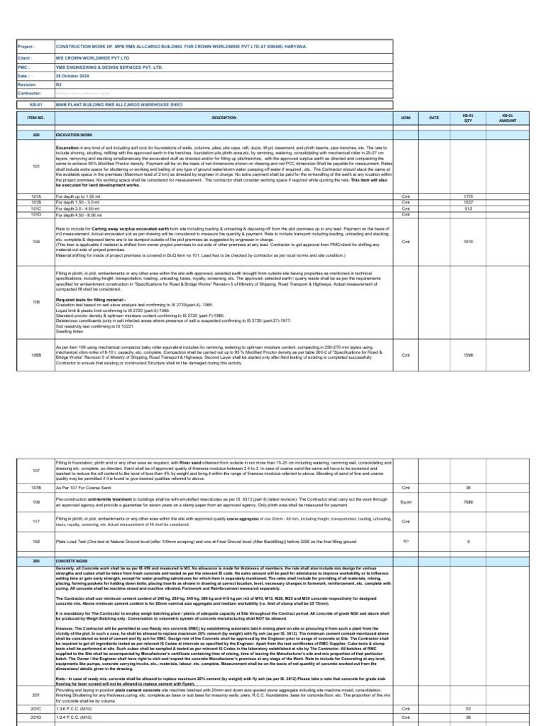 Item No. Description UOM Rate KB-01 QTY KB-01 Amount 100 Excavation ...