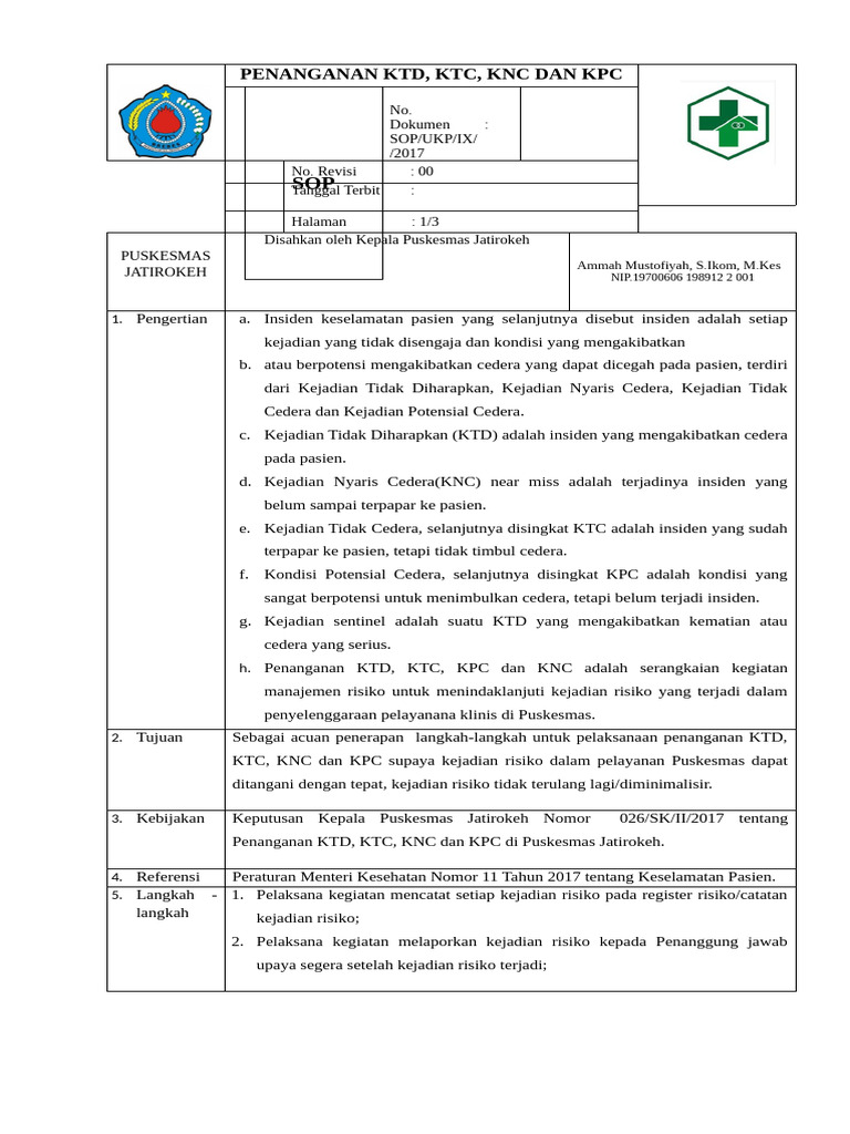 9.1.1 Ep 6 Sop Penanganan KTD, KTC, KPC Dan KNC | PDF | Pengembangan Diri | Kesehatan Holistik